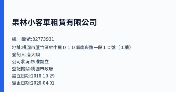 果林小客車租賃有限公司的照片-統編 82773931(桃園市) 公司登記資料與營業項目詳細圖表