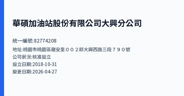 華碩加油站股份有限公司大興分公司的照片-統編 82774208(桃園市) 公司登記資料與營業項目詳細圖表