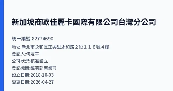 新加坡商歐佳麗卡國際有限公司台灣分公司的照片-統編 82774690(新北市) 公司登記資料與營業項目詳細圖表