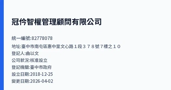 冠仱智權管理顧問有限公司的照片-統編 82778078(臺中市) 公司登記資料與營業項目詳細圖表