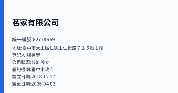 茗家有限公司的照片-統編 82778669(臺中市) 公司登記資料與營業項目詳細圖表