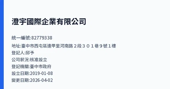 澄宇國際企業有限公司的照片-統編 82779338(臺中市) 公司登記資料與營業項目詳細圖表