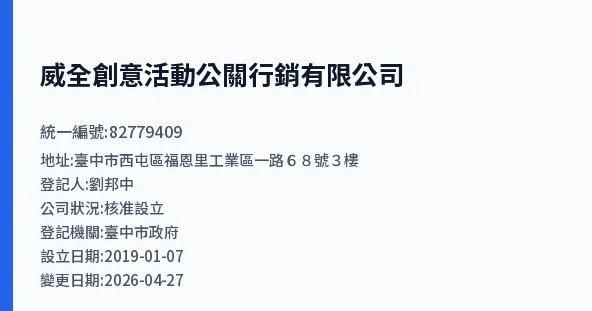 威全創意活動公關行銷有限公司的照片-統編 82779409(臺中市) 公司登記資料與營業項目詳細圖表