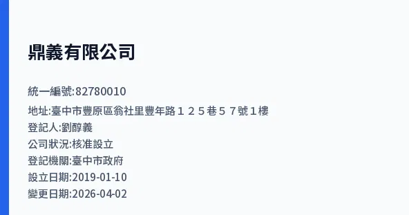 鼎義有限公司的照片-統編 82780010(臺中市) 公司登記資料與營業項目詳細圖表