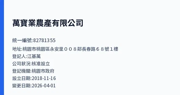 萬寶業農產有限公司的照片-統編 82781355(桃園市) 公司登記資料與營業項目詳細圖表