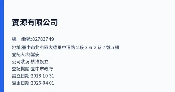 實源有限公司的照片-統編 82783749(臺中市) 公司登記資料與營業項目詳細圖表