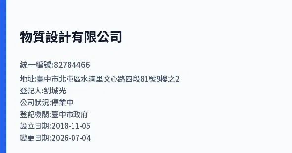 物質設計有限公司的照片-統編 82784466(臺中市) 公司登記資料與營業項目詳細圖表