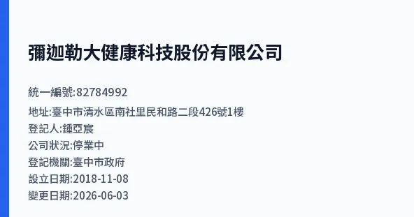 彌迦勒大健康科技股份有限公司的照片-統編 82784992(臺中市) 公司登記資料與營業項目詳細圖表