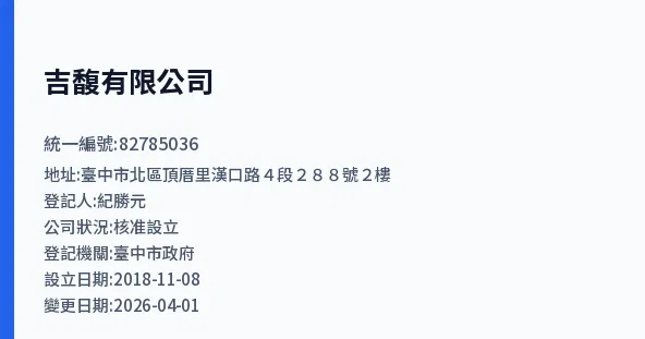 吉馥有限公司的照片-統編 82785036(臺中市) 公司登記資料與營業項目詳細圖表