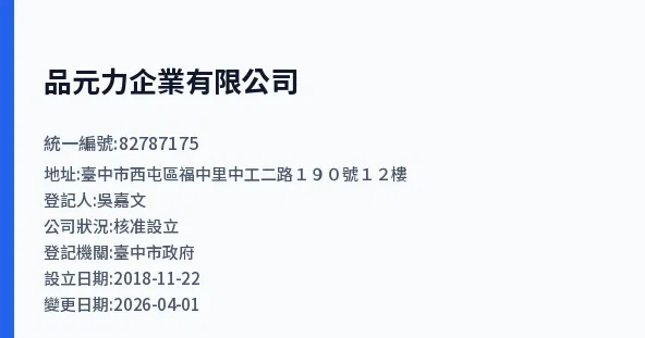 品元力企業有限公司的照片-統編 82787175(臺中市) 公司登記資料與營業項目詳細圖表