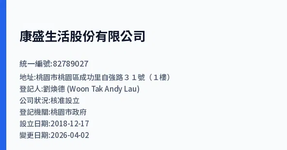 康盛生活股份有限公司的照片-統編 82789027(桃園市) 公司登記資料與營業項目詳細圖表