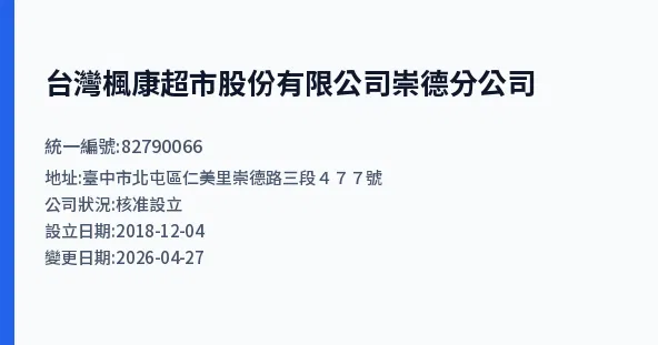 台灣楓康超市股份有限公司崇德分公司的照片-統編 82790066(臺中市) 公司登記資料與營業項目詳細圖表