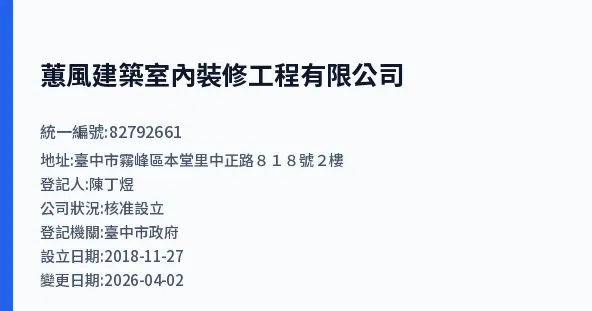 蕙風建築室內裝修工程有限公司的照片-統編 82792661(臺中市) 公司登記資料與營業項目詳細圖表