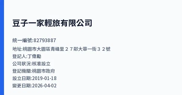 豆子一家輕旅有限公司的照片-統編 82793887(桃園市) 公司登記資料與營業項目詳細圖表