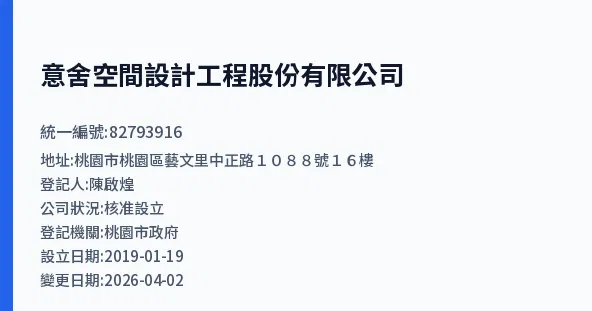 意舍空間設計工程股份有限公司的照片-統編 82793916(桃園市) 公司登記資料與營業項目詳細圖表