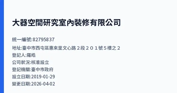 大器空間研究室內裝修有限公司的照片-統編 82795837(臺中市) 公司登記資料與營業項目詳細圖表