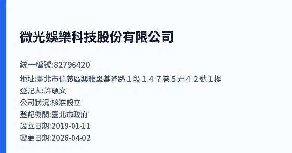 微光娛樂科技股份有限公司的照片-統編 82796420(臺北市) 公司登記資料與營業項目詳細圖表