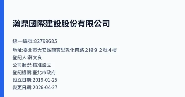 瀚鼎國際建設股份有限公司的照片-統編 82799685(臺北市) 公司登記資料與營業項目詳細圖表
