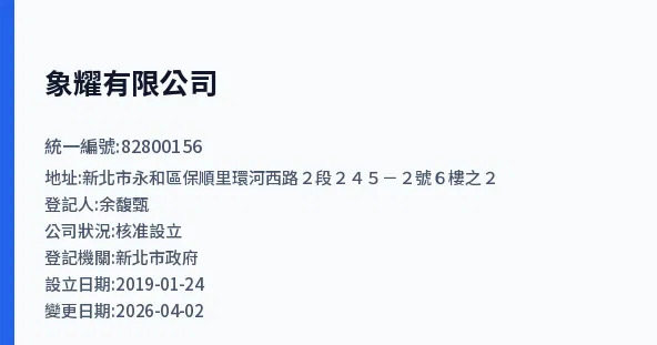 象耀有限公司的照片-統編 82800156(新北市) 公司登記資料與營業項目詳細圖表