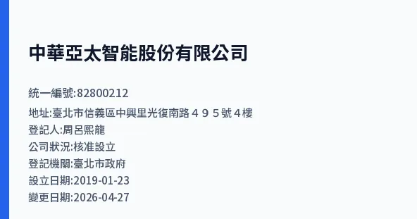 中華亞太智能股份有限公司的照片-統編 82800212(臺北市) 公司登記資料與營業項目詳細圖表