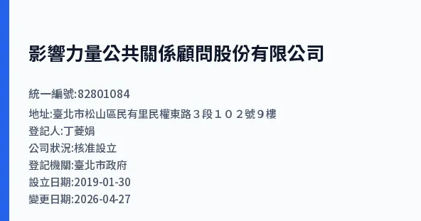 影響力量公共關係顧問股份有限公司的照片-統編 82801084(臺北市) 公司登記資料與營業項目詳細圖表