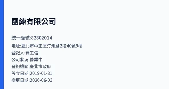 團練有限公司的照片-統編 82802014(臺北市) 公司登記資料與營業項目詳細圖表