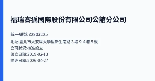福瑞睿狐國際股份有限公司公館分公司的照片-統編 82803225(臺北市) 公司登記資料與營業項目詳細圖表