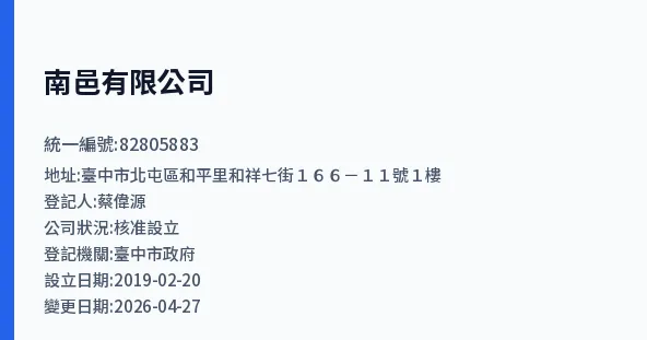 南邑有限公司的照片-統編 82805883(臺中市) 公司登記資料與營業項目詳細圖表