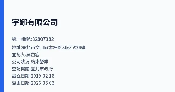 宇娜有限公司的照片-統編 82807382(臺北市) 公司登記資料與營業項目詳細圖表