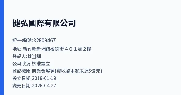 健弘國際有限公司的照片-統編 82809467(新竹縣) 公司登記資料與營業項目詳細圖表