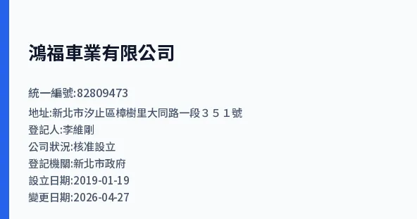 鴻福車業有限公司的照片-統編 82809473(新北市) 公司登記資料與營業項目詳細圖表