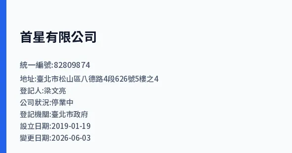 首星有限公司的照片-統編 82809874(臺北市) 公司登記資料與營業項目詳細圖表