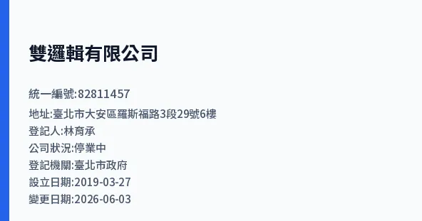 雙邏輯有限公司的照片-統編 82811457(臺北市) 公司登記資料與營業項目詳細圖表