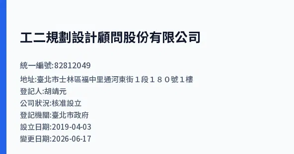 工二規劃設計顧問股份有限公司的照片-統編 82812049(臺北市) 公司登記資料與營業項目詳細圖表