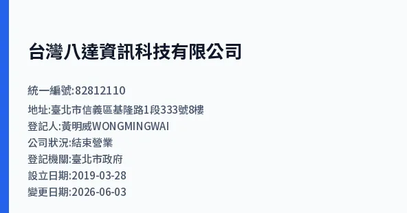 台灣八達資訊科技有限公司的照片-統編 82812110(臺北市) 公司登記資料與營業項目詳細圖表