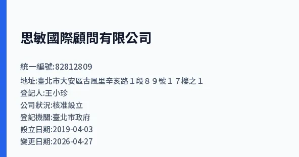 思敏國際顧問有限公司的照片-統編 82812809(臺北市) 公司登記資料與營業項目詳細圖表