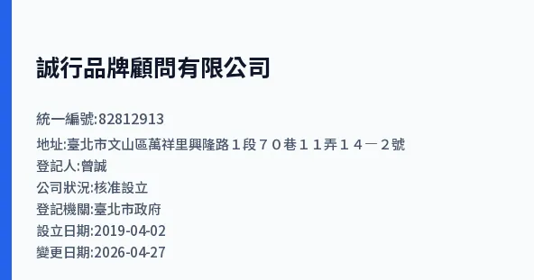 誠行品牌顧問有限公司的照片-統編 82812913(臺北市) 公司登記資料與營業項目詳細圖表