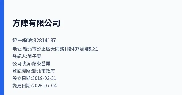 方陣有限公司的照片-統編 82814187(新北市) 公司登記資料與營業項目詳細圖表