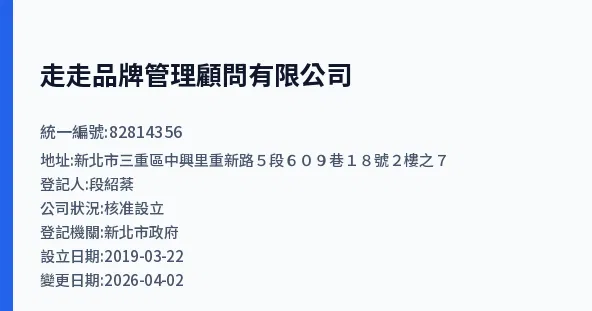 走走品牌管理顧問有限公司的照片-統編 82814356(新北市) 公司登記資料與營業項目詳細圖表