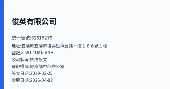 俊英有限公司的照片-統編 82815279(宜蘭縣) 公司登記資料與營業項目詳細圖表