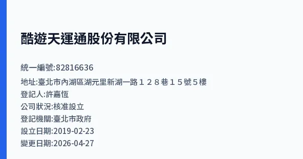 酷遊天運通股份有限公司的照片-統編 82816636(臺北市) 公司登記資料與營業項目詳細圖表