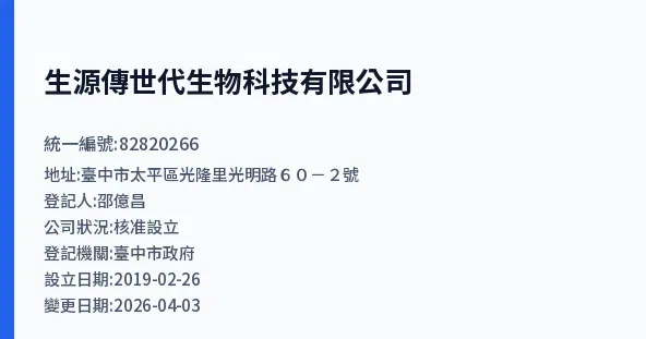 生源傳世代生物科技有限公司的照片-統編 82820266(臺中市) 公司登記資料與營業項目詳細圖表
