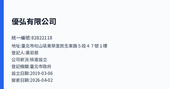 優弘有限公司的照片-統編 82822118(臺北市) 公司登記資料與營業項目詳細圖表