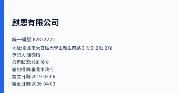 麒恩有限公司的照片-統編 82822222(臺北市) 公司登記資料與營業項目詳細圖表