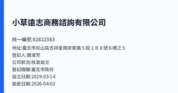 小草遠志商務諮詢有限公司的照片-統編 82822383(臺北市) 公司登記資料與營業項目詳細圖表