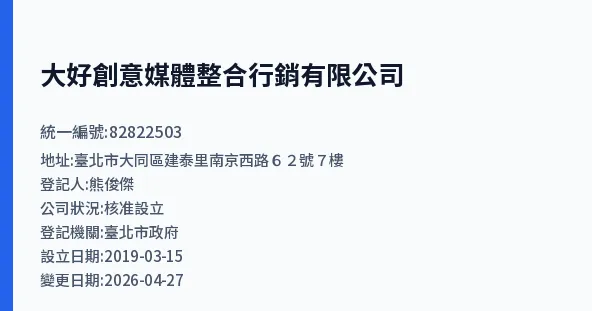 大好創意媒體整合行銷有限公司的照片-統編 82822503(臺北市) 公司登記資料與營業項目詳細圖表