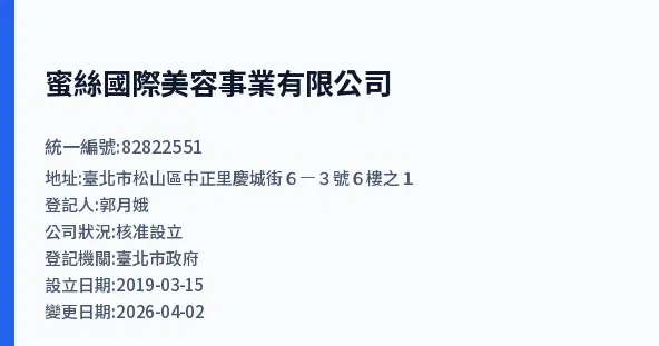蜜絲國際美容事業有限公司的照片-統編 82822551(臺北市) 公司登記資料與營業項目詳細圖表