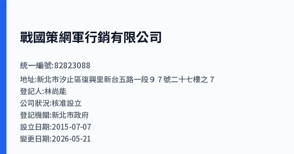 戰國策網軍行銷有限公司的照片-統編 82823088(新北市) 公司登記資料與營業項目詳細圖表