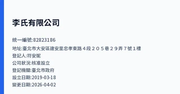 李氏有限公司的照片-統編 82823186(臺北市) 公司登記資料與營業項目詳細圖表
