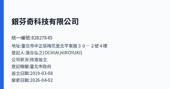 銀芬奇科技有限公司的照片-統編 82827845(臺北市) 公司登記資料與營業項目詳細圖表